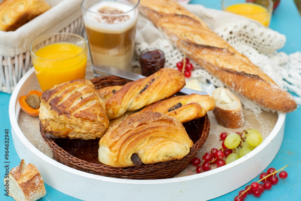 Traditional French style breakfast with Viennoiseries, Cappuccino ...