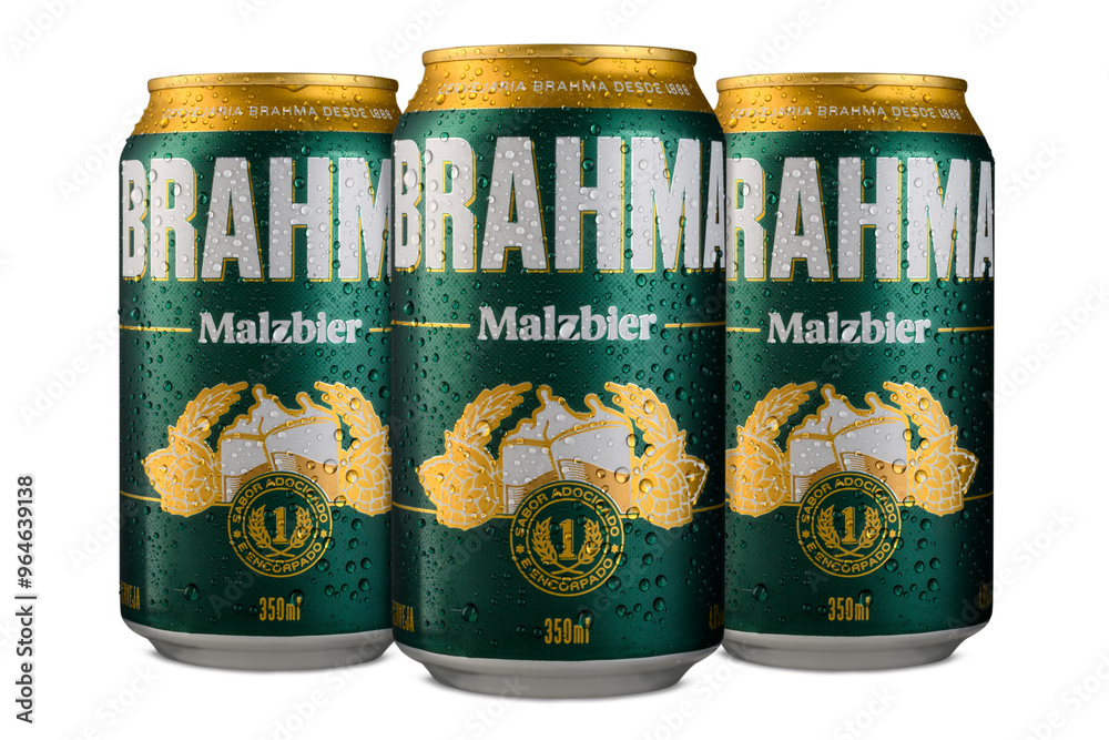 São Paulo, Brazil - September 6, 2024 BRAHMA MALZBIER BEER, THREE 350ml ...