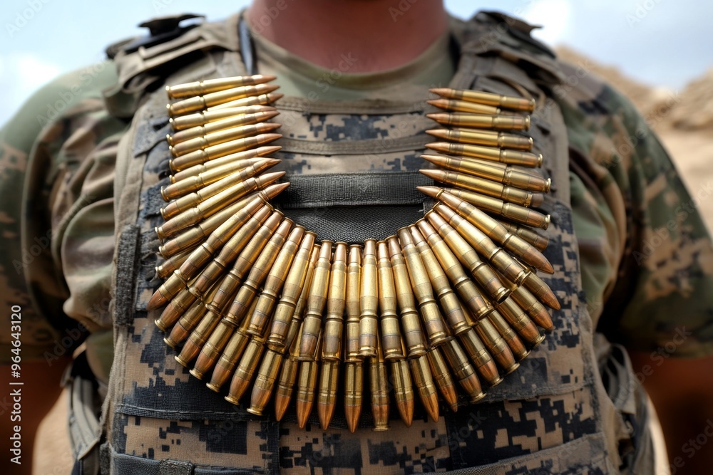 Bullets loaded into a bandolier wrapped around a soldier's chest, ready ...