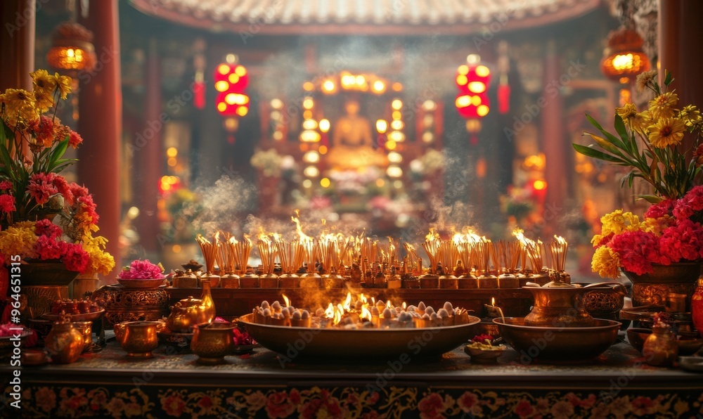 altar table packed with offerings and burning incense for the Hungry ...