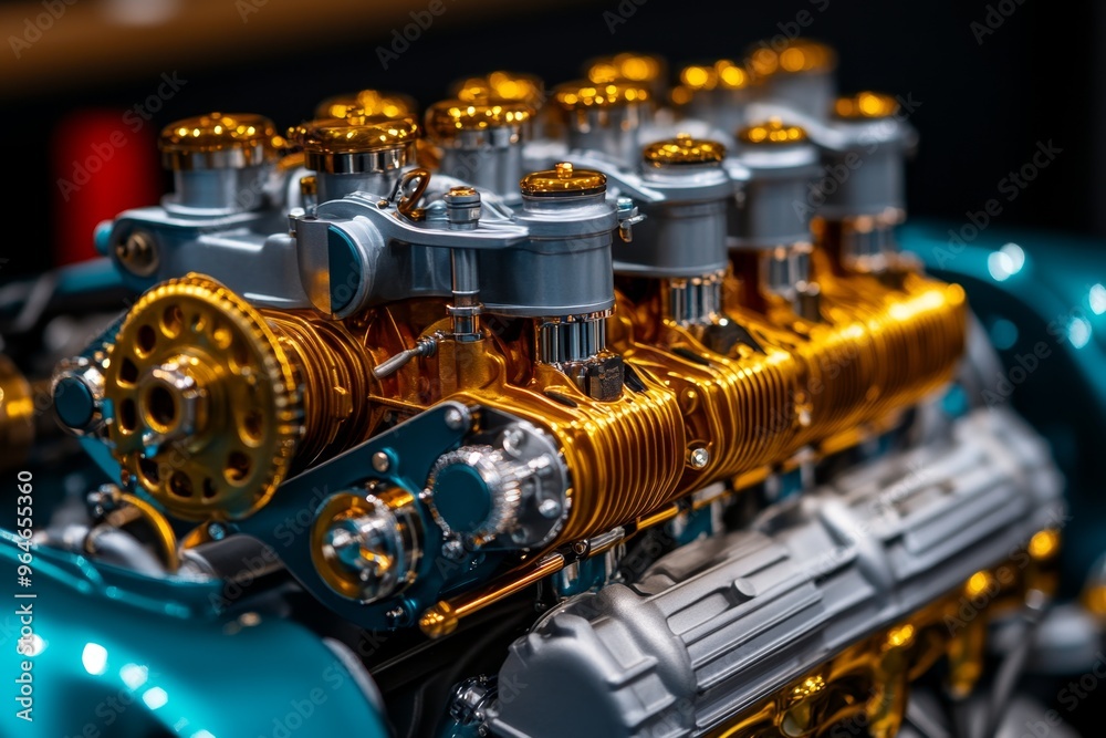 Reciprocating engine in a classic automobile, showcasing intricate ...
