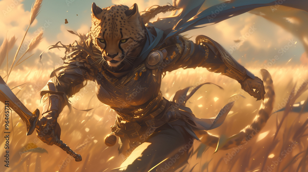 swift cheetah beastfolk warrior dashing through a golden wheat field ...