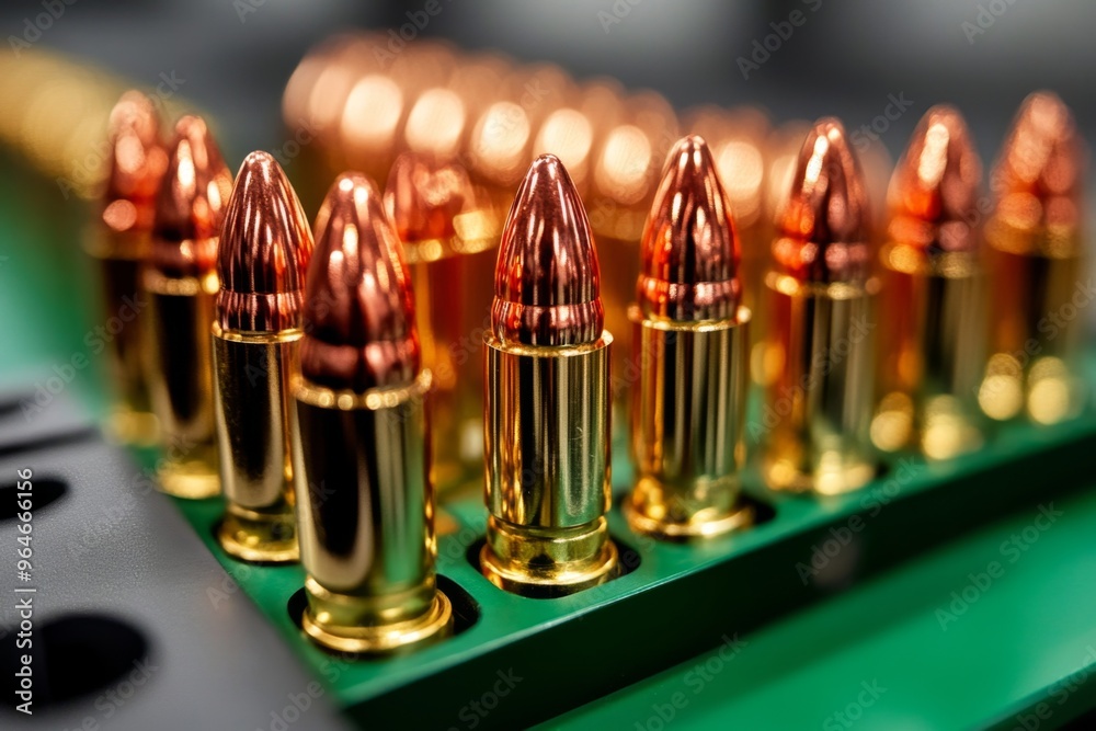 Bullet cartridges lined up in a reloading press ready to be fitted with ...