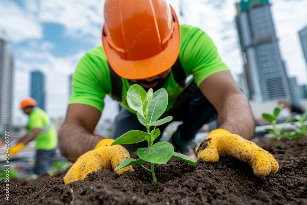 Construction of a green rooftop garden atop a city building, where ...