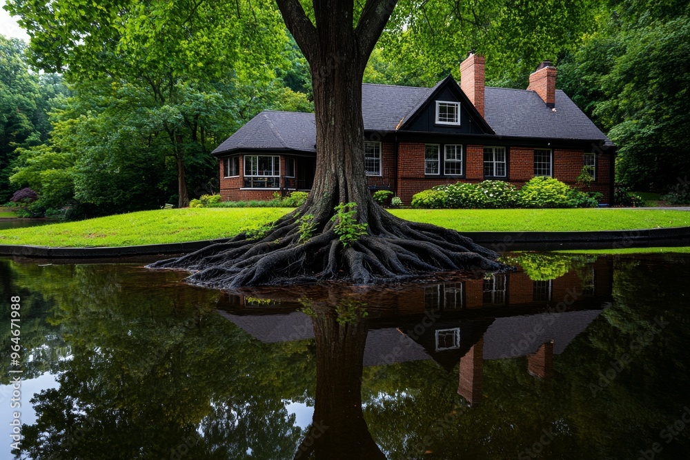 Gnarled tree standing near the pond with roots stretching into the ...