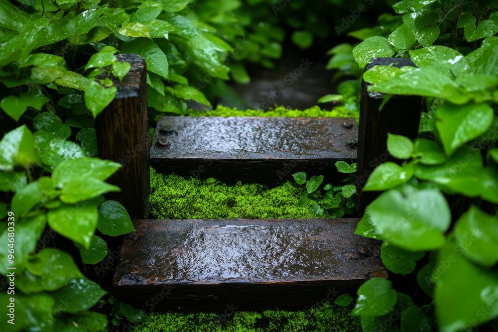 Walkway overgrown with moss and weeds, leading to a heavy wooden door ...