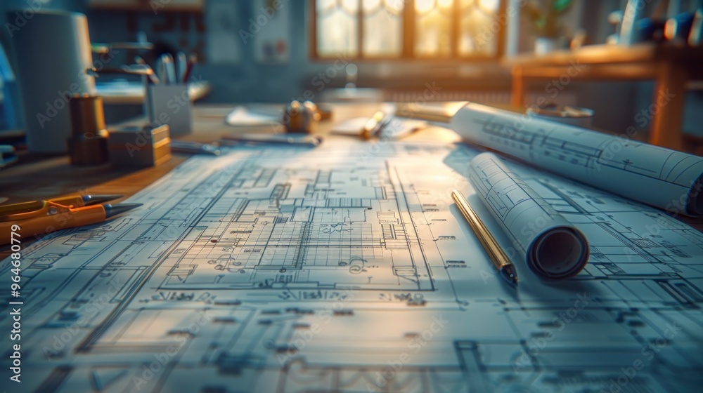 Architectural blueprints with modern design elements and drafting tools ...