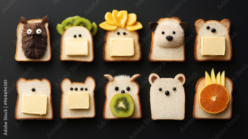Creative animal face sandwiches made with bread slices, fruits ...