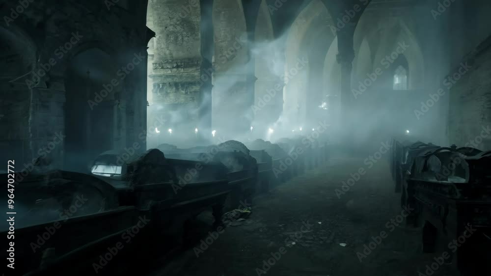 An ancient crypt with cobwebbed coffins and faintly glowing apparitions ...