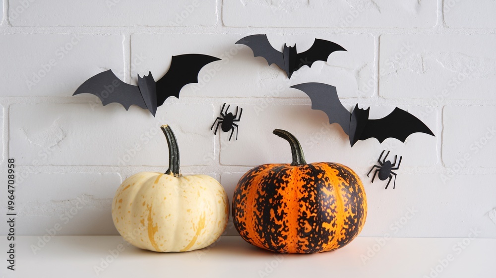 Minimalist Halloween setup with pumpkins, bats, and spiders against a ...