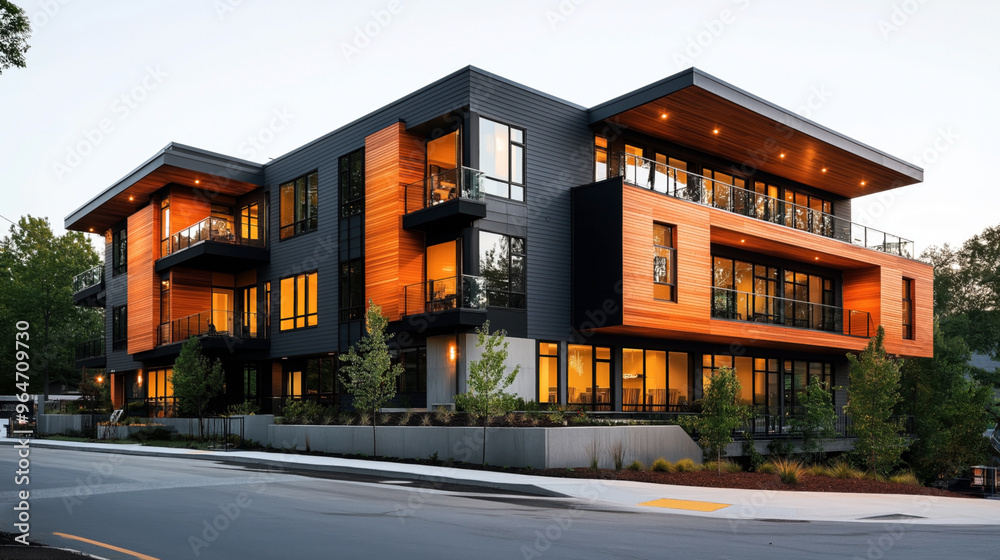 Modern three-story apartment building with large windows, balconies ...