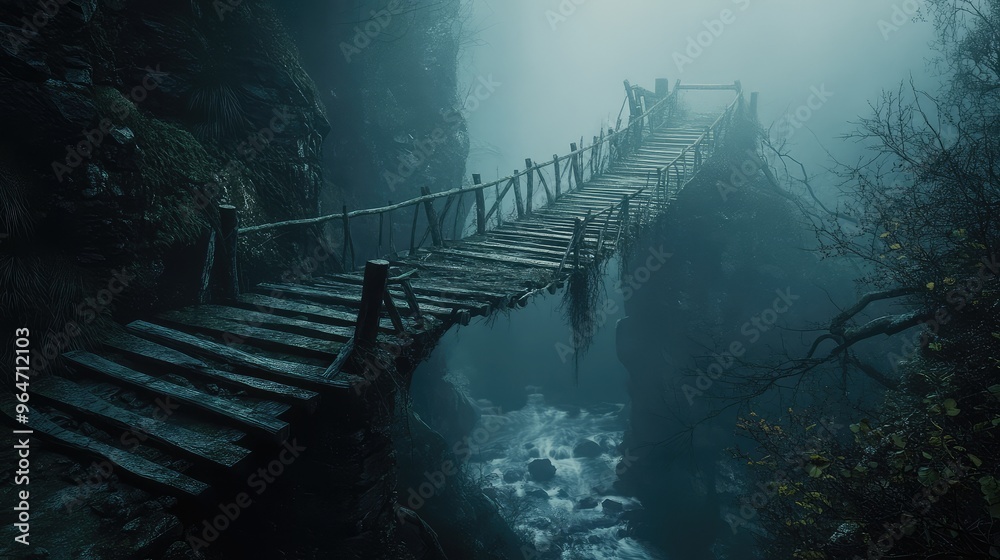 Old, creaky bridge crossing a deep, mist-shrouded ravine, the fog ...