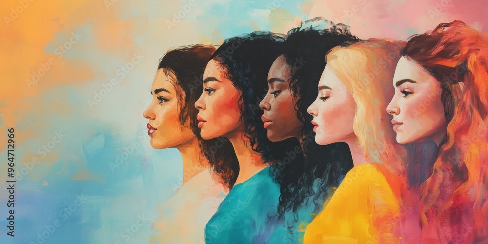 An abstract, colorful portrait painting of women in a horizontal format ...