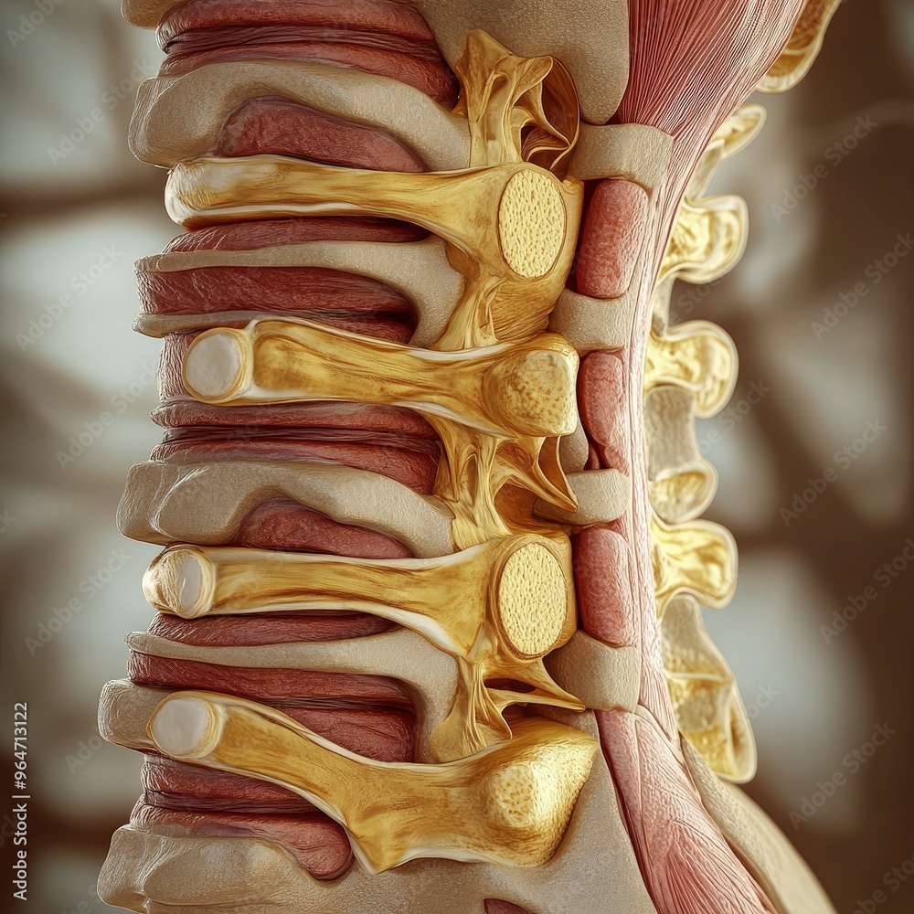 Detailed anatomical model of the human cervical spine, highlighting ...