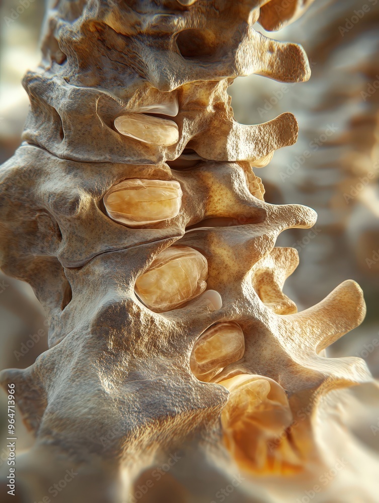Detailed view of human vertebral structure, showcasing the anatomy of ...
