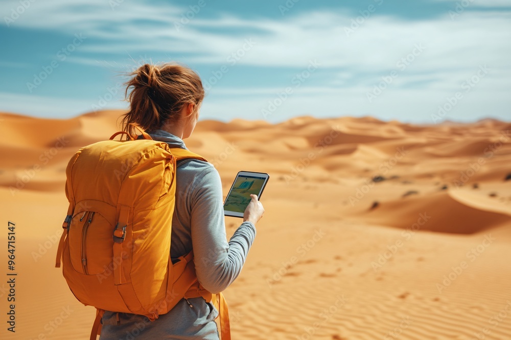 Digital Nomad Exploring Desert Wilderness with 3D Backpack, Checking GPS in Vibrant Sand Dunes ...