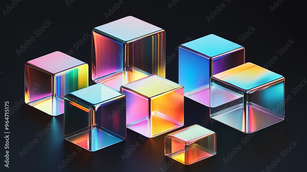 A set of 3D glass square shapes exhibiting refraction and holographic ...