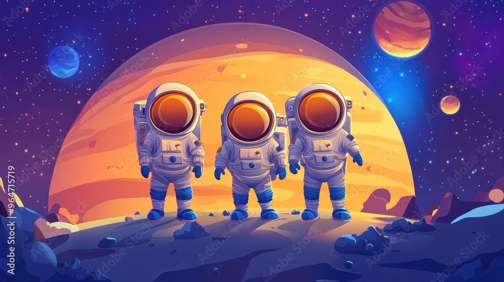 Cute cartoon astronauts standing on the surface of a planet. astronaut ...