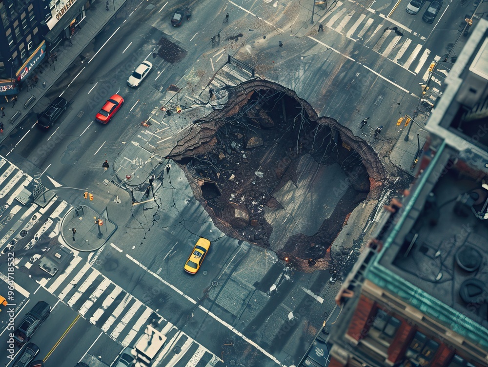 Aerial view of massive sinkhole on busy city intersection causing ...