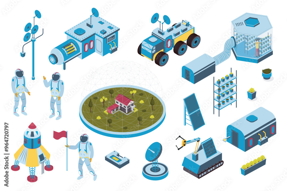 Space colonization 3d isometric mega set in isometry graphic design ...