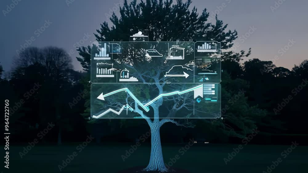 Zoom in on a glowing tree in a park at dusk, surrounded by floating ...