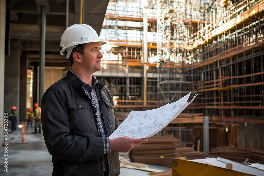 Site foreman reviewing architectural plans at an active construction ...