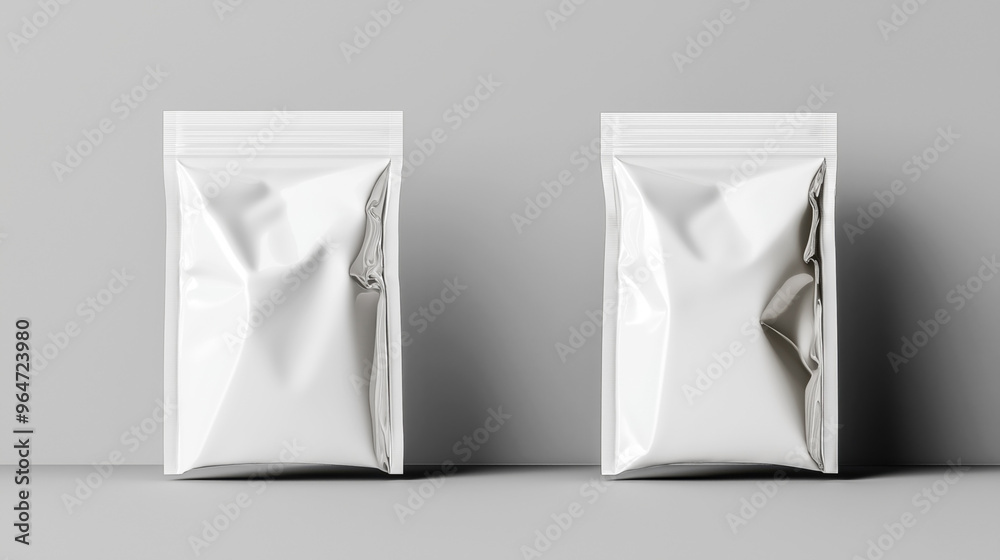 Two plain white foil pouches standing side by side on a neutral grey ...