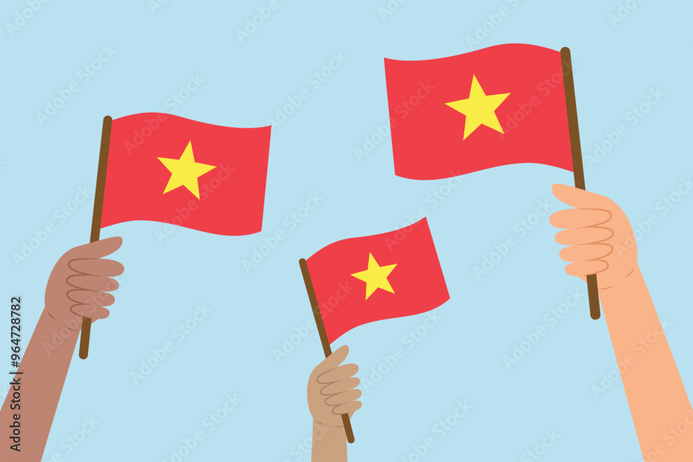 Diverse people hands raising flags of Vietnam. Vector illustration of ...