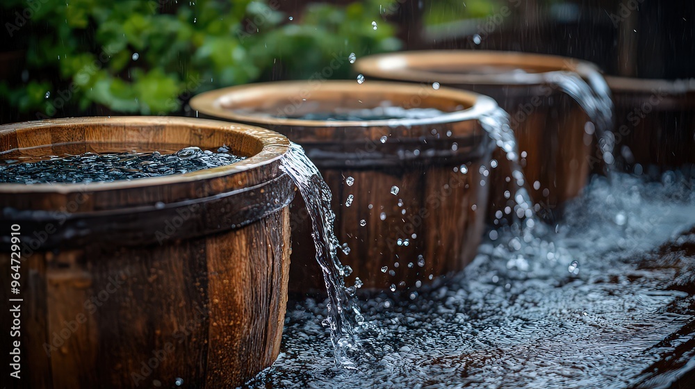 Overflowing rain barrels in garden setting capture heavy rainfall ...
