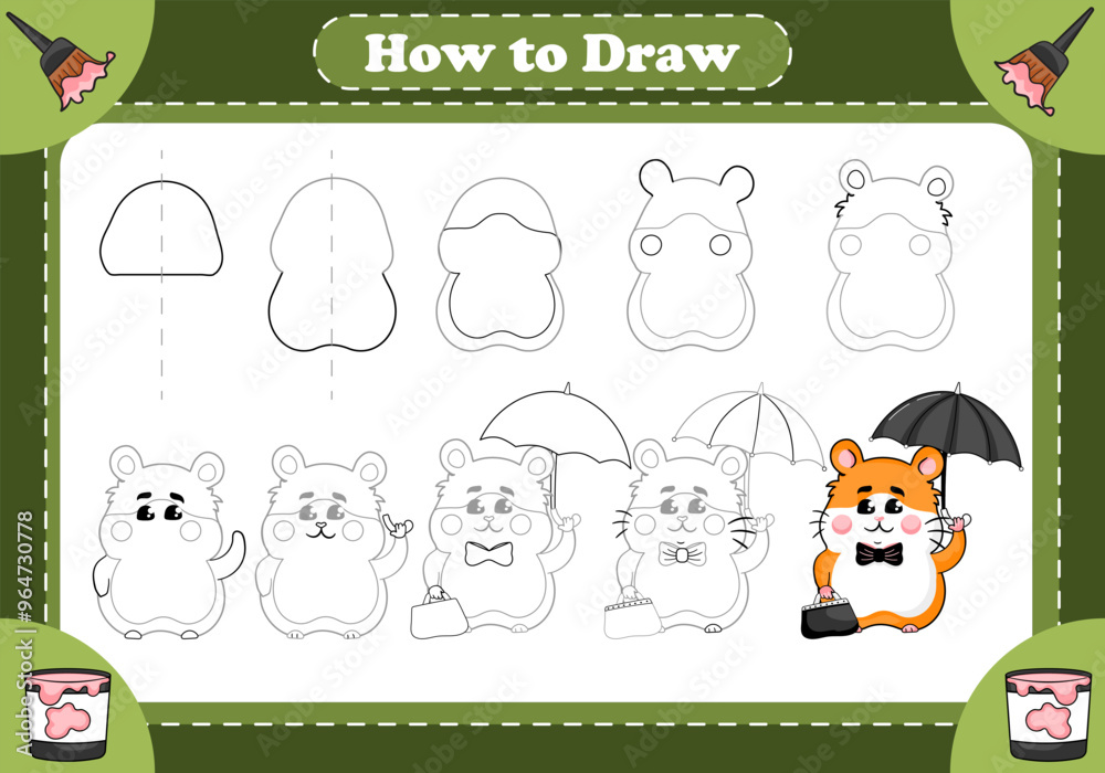 Step-by-step guide how to draw hamster gentleman holding umbrella Stock ...