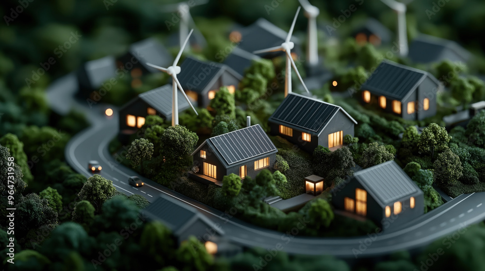 Miniature model village with modern houses and illuminated windows ...