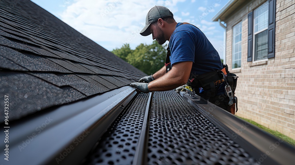Workers installing seamless gutters on a newly renovated home ...