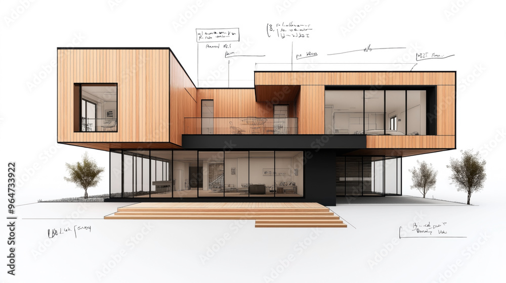 Modern architectural design of a two-story house with large windows ...