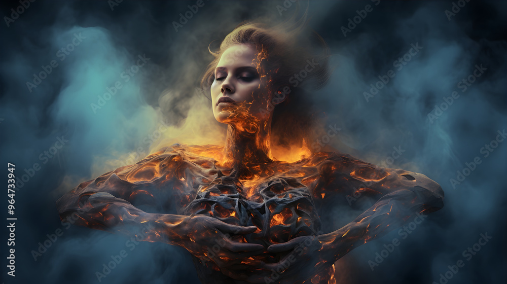 A surreal portrayal of a woman transforming with fiery magma-themed ...