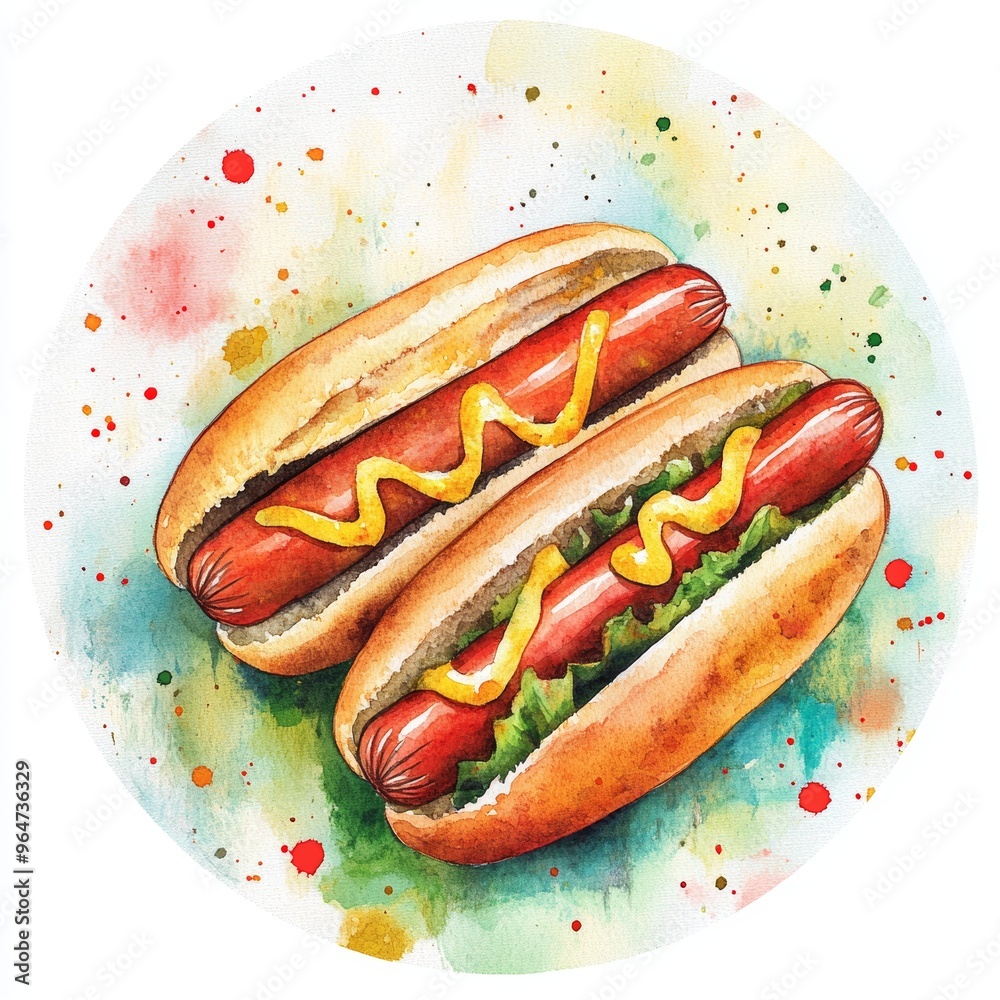 Watercolor Hot Dog Duo: A vibrant and appetizing watercolor ...