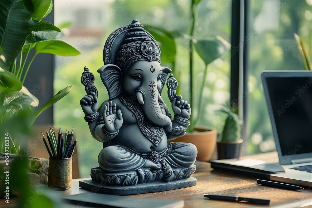 Ganesha Statue on Modern Office Desk with Laptop and Plants. Stock ...
