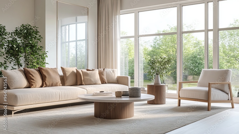 A modern living room with a calm, neutral color scheme. This is a ...