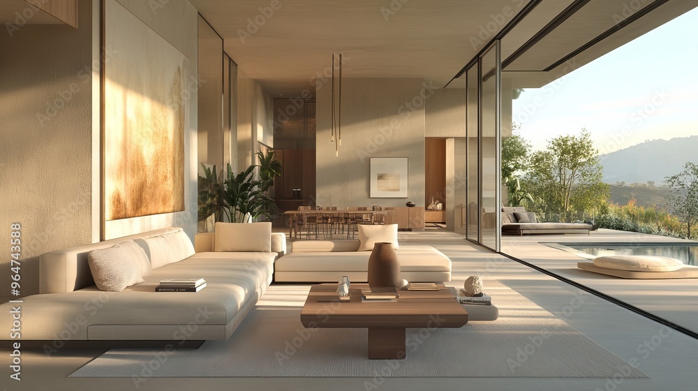 A modern living room with a calm, neutral color scheme. This is a ...