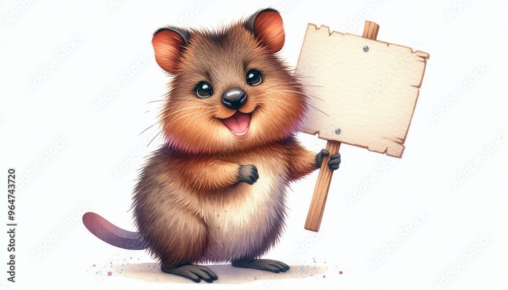 A charming watercolor illustration of a quokka, a small marsupial ...