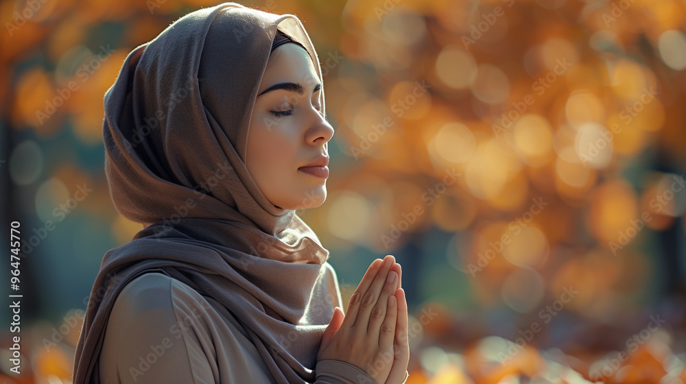 White muslim woman convert wearing a hijab meditating. Meditation in ...