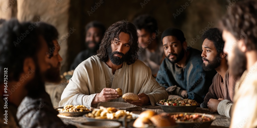 Jesus at the last supper offering bread and wine to his disciples Stock ...