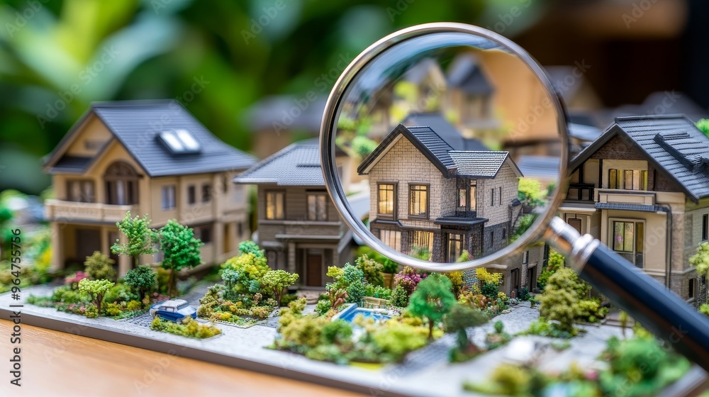 Magnifying Glass Focuses on a Miniature House in a Model Village, Model ...