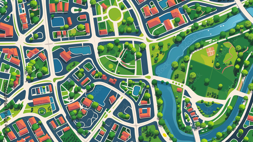 Aerial view of a vibrant community layout featuring parks, residences ...