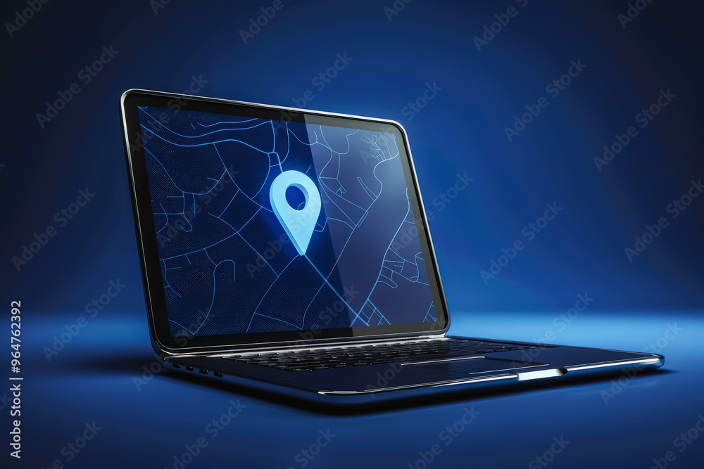A laptop screen shows a blue dot on a map of the world. The dot is ...