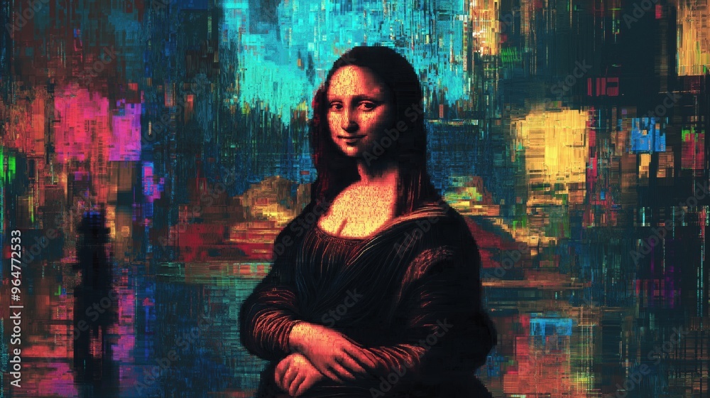 Cyberpunk-inspired digital Mona Lisa with pixelated art Stock ...