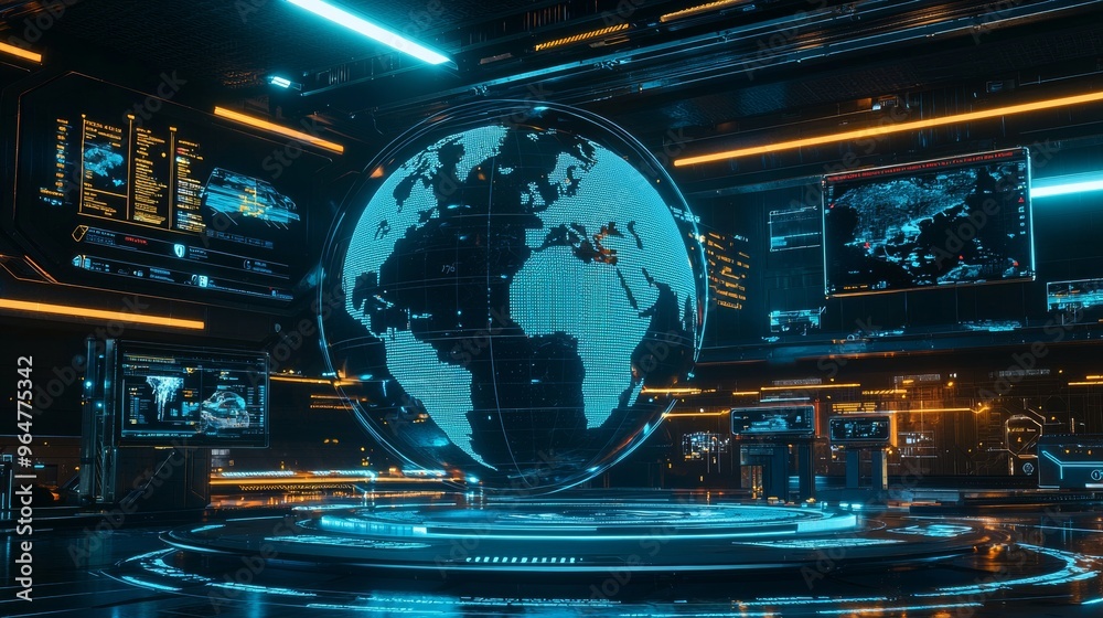 3D holographic search engine interface displaying rotating globe with ...