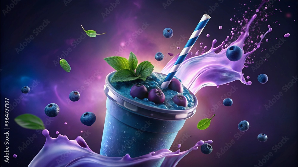 Product photo fresh burst blueberry milkshake cup take away with black ...