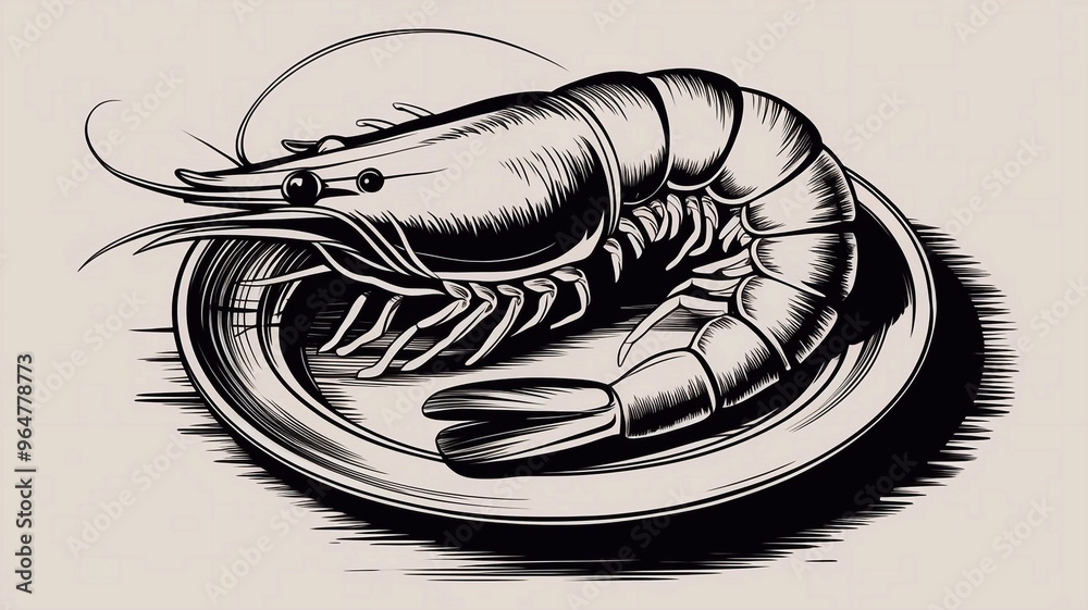 Seafood, shrimp prawn. Vintage retro print, black white seafood shrimp ...