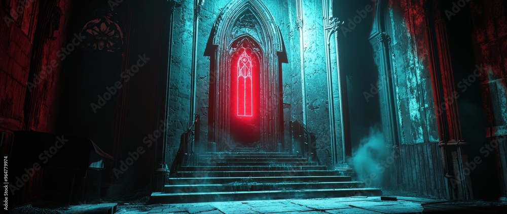 Neon sign and vintage horror movie poster haunted house concept scene ...