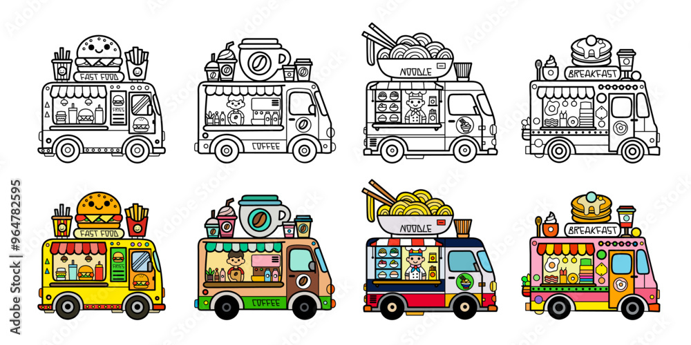 Food trucks illustration with various cuisines in cute doodle style ...